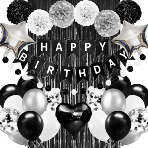 black and white birthday party decorations,happy birthday decorations for men women boys girls including happy birthday banner,fringe curtains,pompom flower,black and silver party decorations