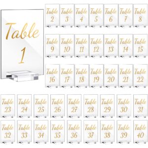 40 pack gold acrylic wedding table number 1-40 clear wedding table stand with numbers calligraphy table number holders 4 x 6 inch acrylic table signs for wedding reception centerpieces decorations