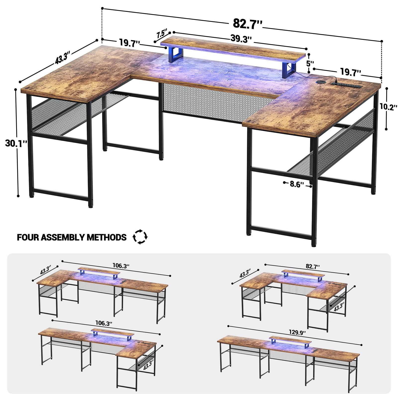 Unikito 130 Inch Computer Desk, DIY Sturdy U Shaped Office Desk with Smart Strip Light and Magic Power Outlet, Cool Modern Gaming Table with Monitor Stand and Storage Shelves, Space Free, Black Oak