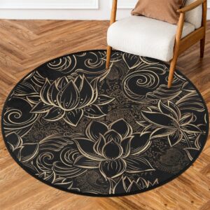 luxurious lotus flower round rug 5.2ft black non slip round area rug for bedroom living room, soft throw rugs play rug circular area rugs circle playhouse carpet