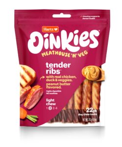 hartz oinkies tender ribs with real chicken, duck & veggies, peanut butter flavored rawhide-free dog treats, highly digestible dog chews, 22 count