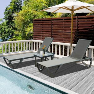 domi patio chaise lounge chair set of 3,outdoor aluminum polypropylene sunbathing chair with 5 adjustable position,side table for beach,yard,balcony,poolside(2 grey chairs w/table)