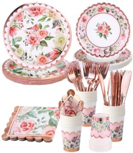 vintage floral party supplies rose gold - serves 16 - includes floral paper plates cups napkins knifes forks for baby shower bridal shower wedding flower birthday decorations garden tea party