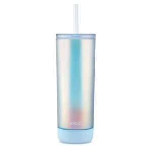 ello monterey 24oz plastic tumbler with straw and built-in silicone coaster, premium double walled insulation, reusable cup perfect for iced coffee, bpa free, blue