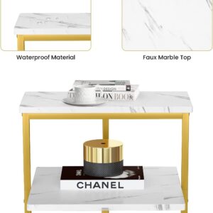 Lamerge Small End Table,3-Tier Gold Side Table,Rectangle Bedside Tables/Nightstand,Marble Coffee Table Corner Table w/Metal Frame,Small Table for Bedroom, Small Spaces,White+Gold