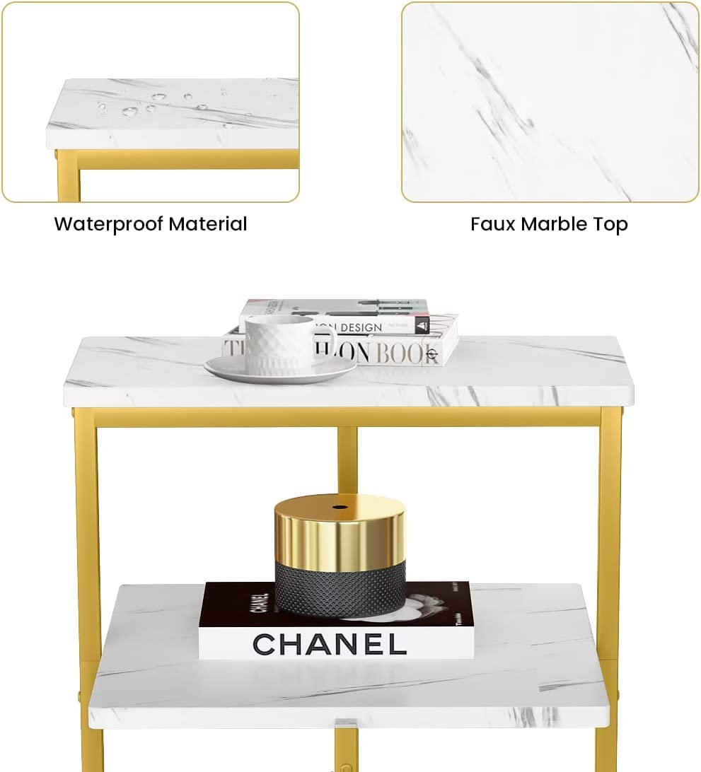 Lamerge Small End Table,3-Tier Gold Side Table,Rectangle Bedside Tables/Nightstand,Marble Coffee Table Corner Table w/Metal Frame,Small Table for Bedroom, Small Spaces,White+Gold