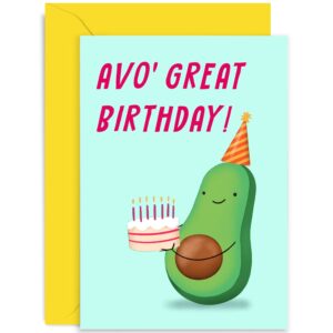 old english co. funny avocado birthday card for him her - hilarious avocado birthday pun - joke happy birthday card for brother, sister, mum, dad, son, daughter | blank inside with envelope