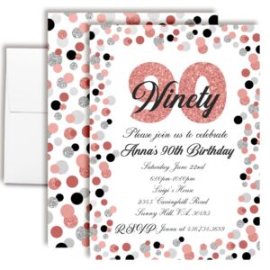 amanda creation confetti rose gold polka dot 90th birthday party invitations, 20 5x7 fill-in cards with twenty white envelopes