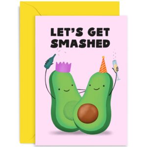 old english co. funny avocado birthday card for him or her - let's get smashed avocado pun joke for men women - celebrate well done passed exams new job | blank inside with envelope