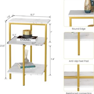 Lamerge Small End Table,3-Tier Gold Side Table,Rectangle Bedside Tables/Nightstand,Marble Coffee Table Corner Table w/Metal Frame,Small Table for Bedroom, Small Spaces,White+Gold