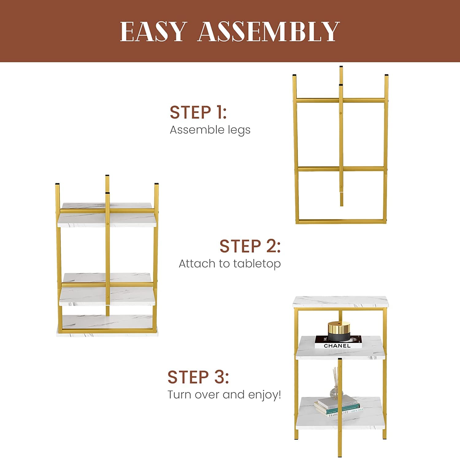 Lamerge Small End Table,3-Tier Gold Side Table,Rectangle Bedside Tables/Nightstand,Marble Coffee Table Corner Table w/Metal Frame,Small Table for Bedroom, Small Spaces,White+Gold