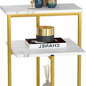 Lamerge Small End Table,3-Tier Gold Side Table,Rectangle Bedside Tables/Nightstand,Marble Coffee Table Corner Table w/Metal Frame,Small Table for Bedroom, Small Spaces,White+Gold