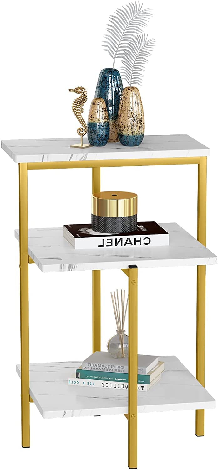 Lamerge Small End Table,3-Tier Gold Side Table,Rectangle Bedside Tables/Nightstand,Marble Coffee Table Corner Table w/Metal Frame,Small Table for Bedroom, Small Spaces,White+Gold