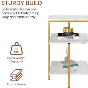 Lamerge Small End Table,3-Tier Gold Side Table,Rectangle Bedside Tables/Nightstand,Marble Coffee Table Corner Table w/Metal Frame,Small Table for Bedroom, Small Spaces,White+Gold