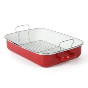 martha stewart thayer 18" enamel on steel roaster pan w/stainless steel rack - red