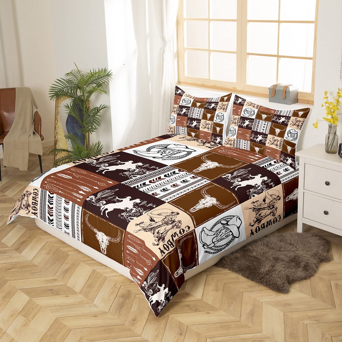 Western Cowboy Kids Duvet Cover Set Queen Size, Bull Skull Horse Arrow Print Quilt Cover with 2 Pillowcases, American West Brown Lattice Patchwork Bedding Cover for Boys Teens Room Decor, No Filler