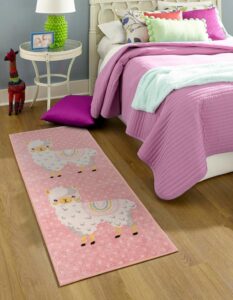 unique loom whimsy kids collection area rug - llama (runner 2' 2" x 6' 0", pink/ light blue)