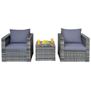 relax4life 3-piece outdoor furniture set - all weather pe rattan sofa couch set w/thick cushions & tempered glass coffee table, patio conversation set for lawn yard poolside (grey)