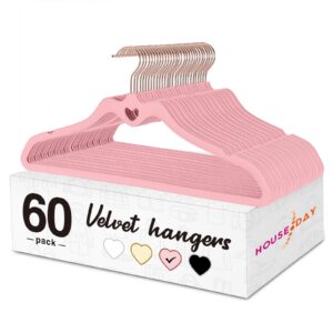 house day pink velvet hangers 60 pack, non slip flocked felt hangers, sturdy velvet clothes hangers, cute heart hangers, heavy duty coat hangers, ultra slim pink hangers for closet space saving