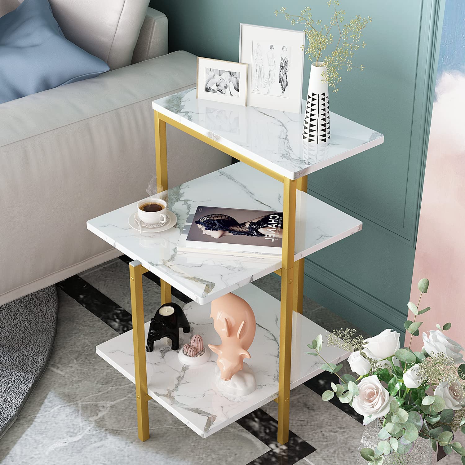 Lamerge Small End Table,3-Tier Gold Side Table,Rectangle Bedside Tables/Nightstand,Marble Coffee Table Corner Table w/Metal Frame,Small Table for Bedroom, Small Spaces,White+Gold