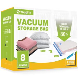 vacuum storage bags, 8 jumbo space saver bags, vacuum sealer bags for clothes, clothing, comforters and blankets, compression storage bags with hand pump