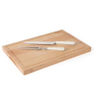 martha stewart goswell 3pc set w/ 8" triple riveted stainless steel carving knife, 6" triple riveted stainless steel carving fork w/beech wood cutting and serving board