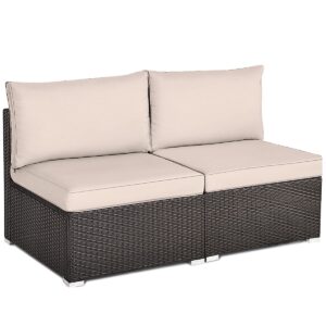 relax4life 2-piece rattan armless sofa - patio wicker sectional conversation sofa set with removable cushions, heavy-duty steel frame, outdoor furniture set for garden, backyard, poolside (brown)