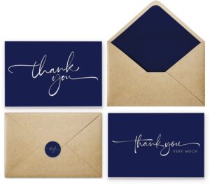 120 classy navy blue thank you cards bulk - professional looking - thank you greeting notes, blank inside with matching brown kraft envelopes & stickers perfect for wedding, business,graduation & much