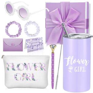 sieral 9 pcs flower girl proposal gifts set personalized flower girl tumbler with straw bride gift box canvas bag sunglasses hair ring diamond pen envelope bride gift for wedding(purple,retro)