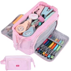 eoout large pencil case, big capacity pencil bag with 3 compartments, can hold 100 pencils，aesthetic school supplies for girls, pink (pink)