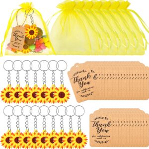 300 pcs party favors include 100 keychain, 100 organza bags and 100 thank you kraft tags for birthday shower summer theme party birthday bridal wedding guests return gifts(sunflower)