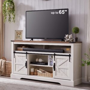 okd farmhouse tv stand for 65+ inch tv, 33" tall highboy entertainment center w/sliding barn door, rustic media console w/storage shelves, wood television stand for living room, antique white