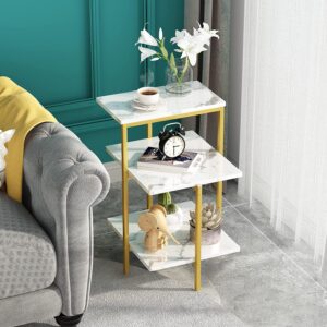 Lamerge Small End Table,3-Tier Gold Side Table,Rectangle Bedside Tables/Nightstand,Marble Coffee Table Corner Table w/Metal Frame,Small Table for Bedroom, Small Spaces,White+Gold