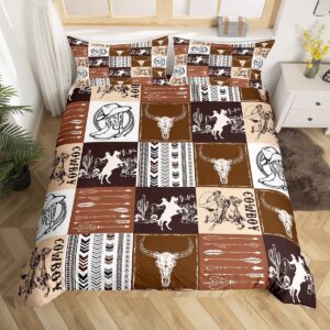 western cowboy kids duvet cover set queen size, bull skull horse arrow print quilt cover with 2 pillowcases, american west brown lattice patchwork bedding cover for boys teens room decor, no filler