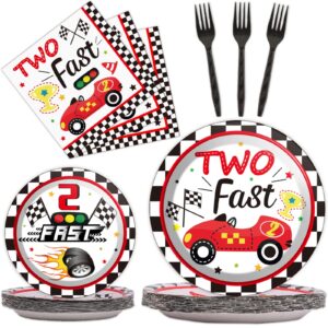 96pcs two fast plates and napkins race car party decorations racing 2 fast party plates and napkins set racing sports themed dinnerware for two fast kids boys birthday supplies favors, serve 24