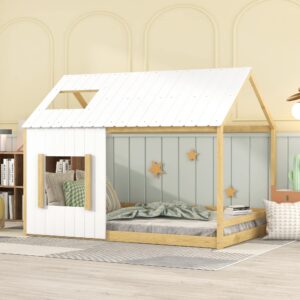 bellemave house bed full size montessori style floor bed frame wood kids cabin beds fun playhouse bed with roof and window for girls boys teens, white with natural