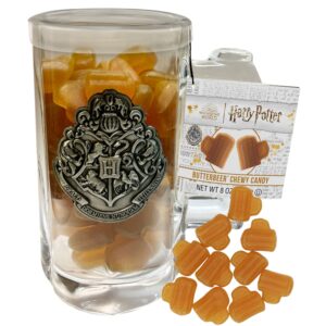 harry potter glass mug with butter beer chewy candies, butterscotch flavored classic movie inspired candy, 8 ounce glass