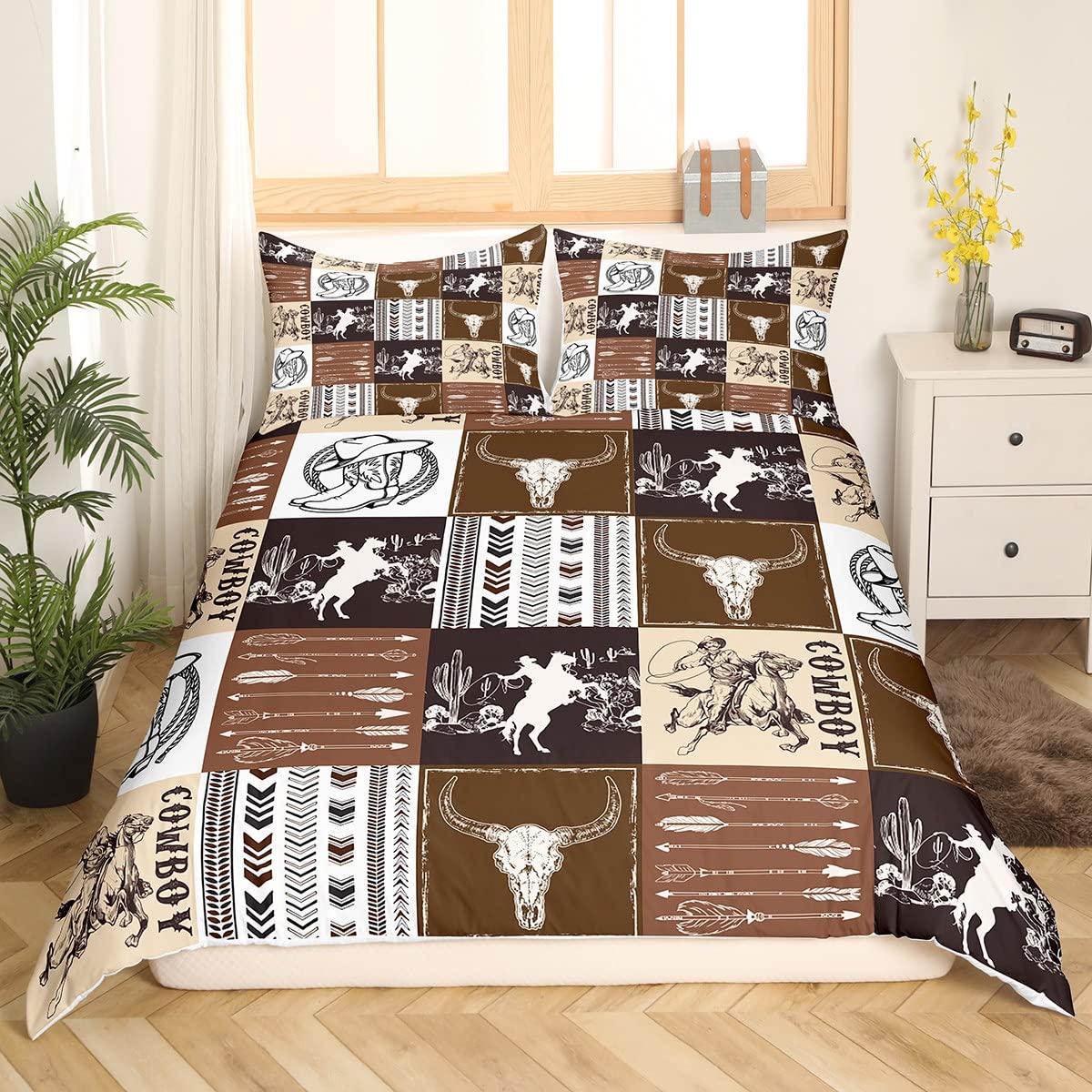 Western Cowboy Kids Duvet Cover Set Queen Size, Bull Skull Horse Arrow Print Quilt Cover with 2 Pillowcases, American West Brown Lattice Patchwork Bedding Cover for Boys Teens Room Decor, No Filler