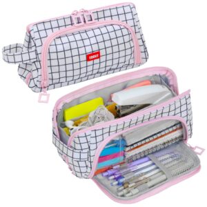 eoout pencil case pouch, big capacity pen bag, large organized cute pen case for school stationery and travel cosmetics storage (plaid white)