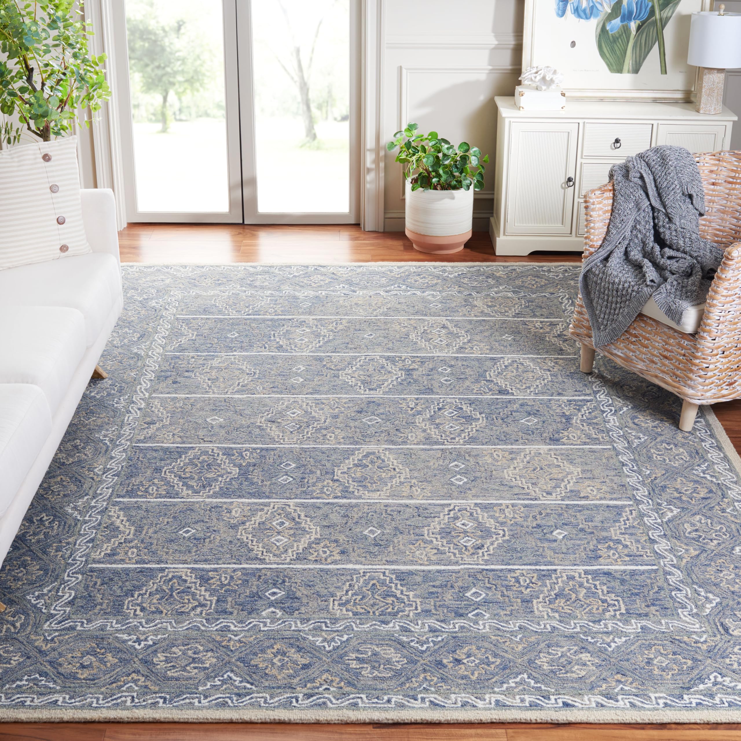 SAFAVIEH Aspen Collection Area Rug - 9' x 12', Blue & Beige, Handmade Boho Wool, Ideal for High Traffic Areas in Living Room, Bedroom (APN275M)