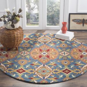 safavieh heritage collection area rug - 4' round, camel & blue, handmade traditional oriental wool, ideal for high traffic areas in living room, bedroom (hg653a)