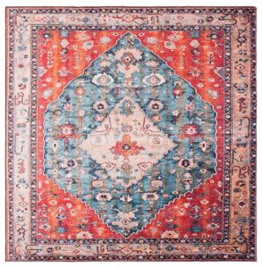 safavieh tucson collection area rug - 4' square, beige & blue, persian medallion design, non-shedding machine washable & slip resistant ideal for high traffic areas in living room, bedroom (tsn104b)