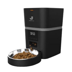 jumpfree automatic cat feeder, 6l black button enabled smart dry food dispenser with stainless bowls, detachable pet feeder for cleaning, for cats,large dogs,multiple pets(25 cup/6l)