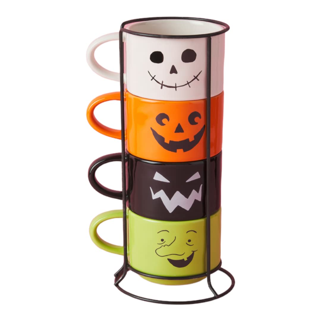 Hidd_ntr_asur_s 4pc Halloween treats, wicked, spooky, boo stacking Mugs With Wire Rack