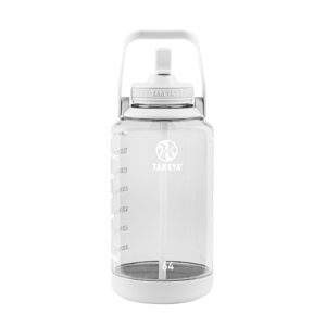 takeya 64 oz motivational water bottle with straw lid with time marker, half gallon, premium quality bpa free tritan plastic, cloud white