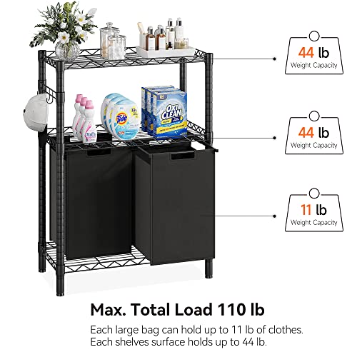 Laundry Sorters with 2 X 45L Laundry Bags & 2 Tier Adjustable Storage Shelf, Pull-Out and Removable Oxford Fabric Laundry Baskets, Black