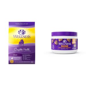 wellness food + supplements bundle: complete health natural dry dog food, chicken & oatmeal, 15-pound bag skin & coat soft chew dog supplements, barkin' bacon flavored, 45 count