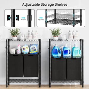 Laundry Sorters with 2 X 45L Laundry Bags & 2 Tier Adjustable Storage Shelf, Pull-Out and Removable Oxford Fabric Laundry Baskets, Black