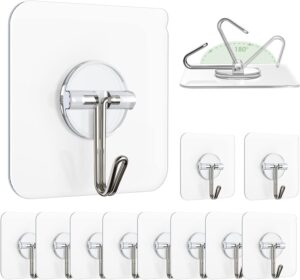 zulaxy 10 pack wall hanging hooks for wall without drilling, self adhesive hooks for wall heavy duty strong nail free, kitchen accessories items (hanging hook, transparent) stainless steel