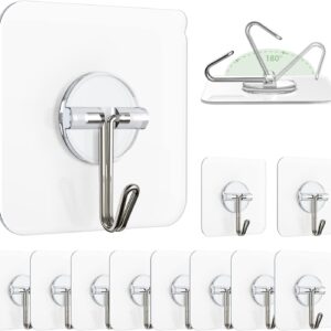 Zulaxy 10 Pack Wall Hanging Hooks for Wall without Drilling, Self Adhesive Hooks for Wall Heavy Duty Strong Nail Free, Kitchen Accessories Items (Hanging Hook, Transparent) Stainless Steel